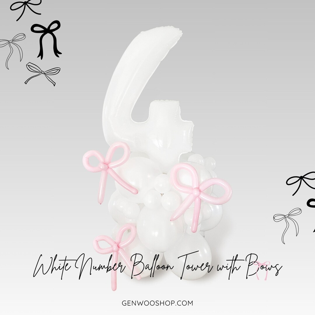 White Number Balloon Tower With Pink Bows - Number 4 Balloon Column ...