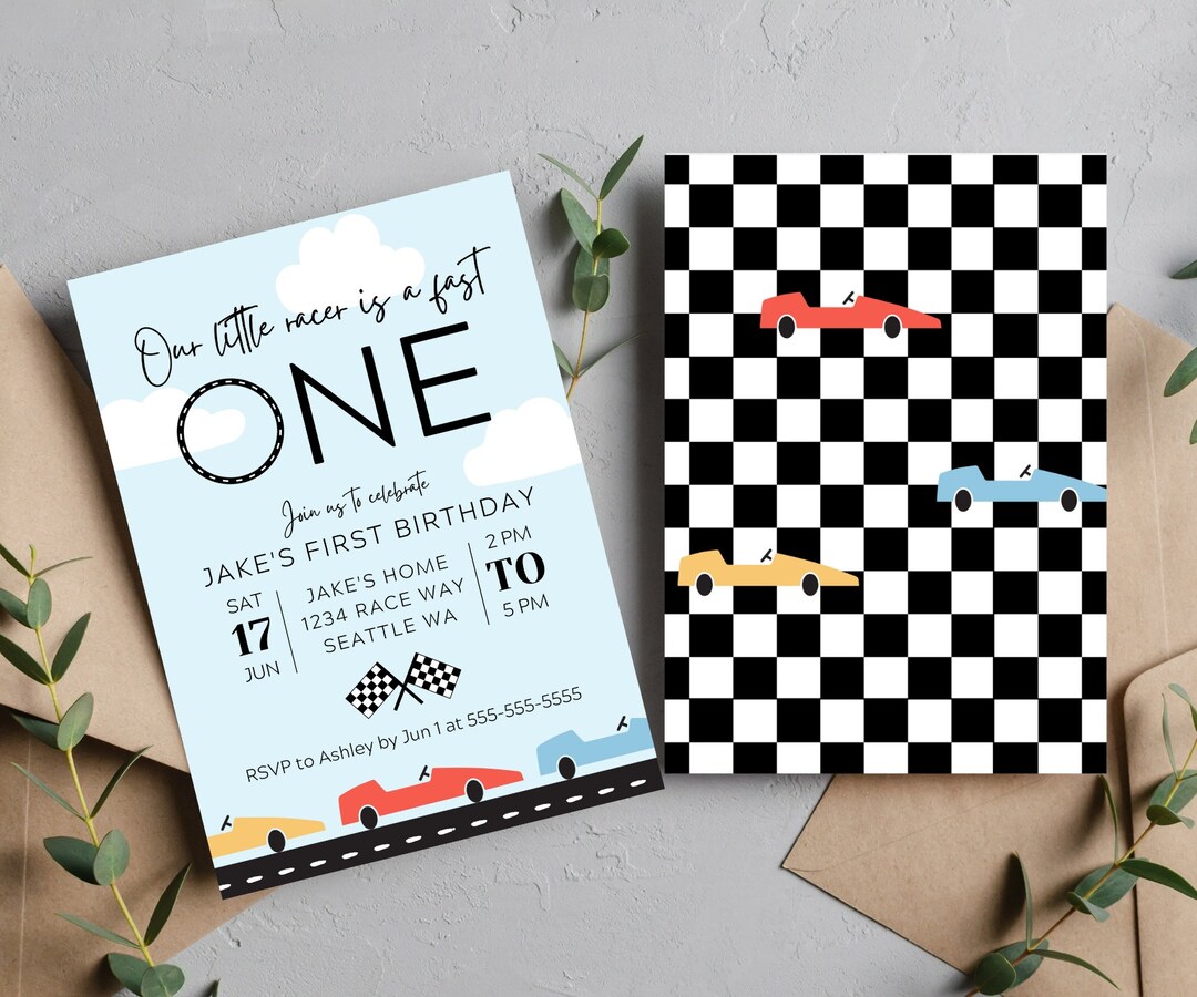 Editable Digital Race Car 1st Birthday Invitation - Canva Template ...