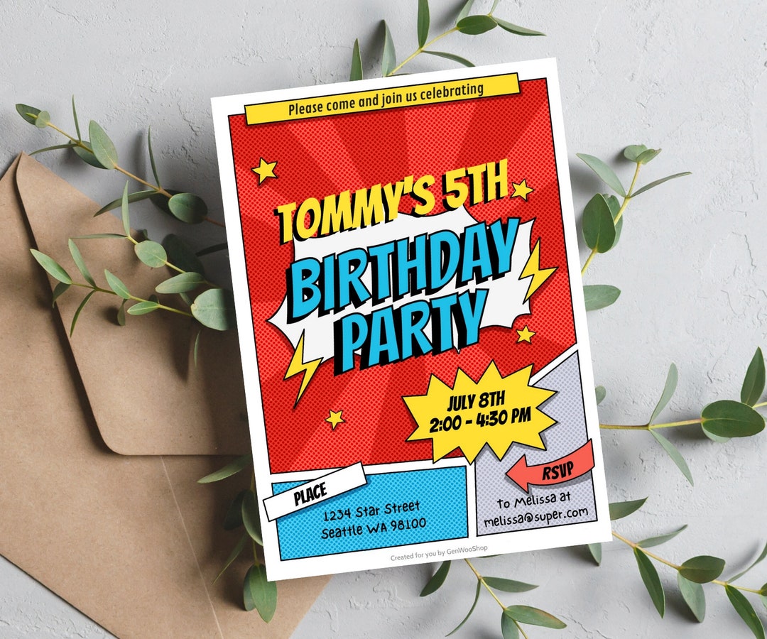 Editable Digital Superhero Comics Birthday Party Invitation Canva ...