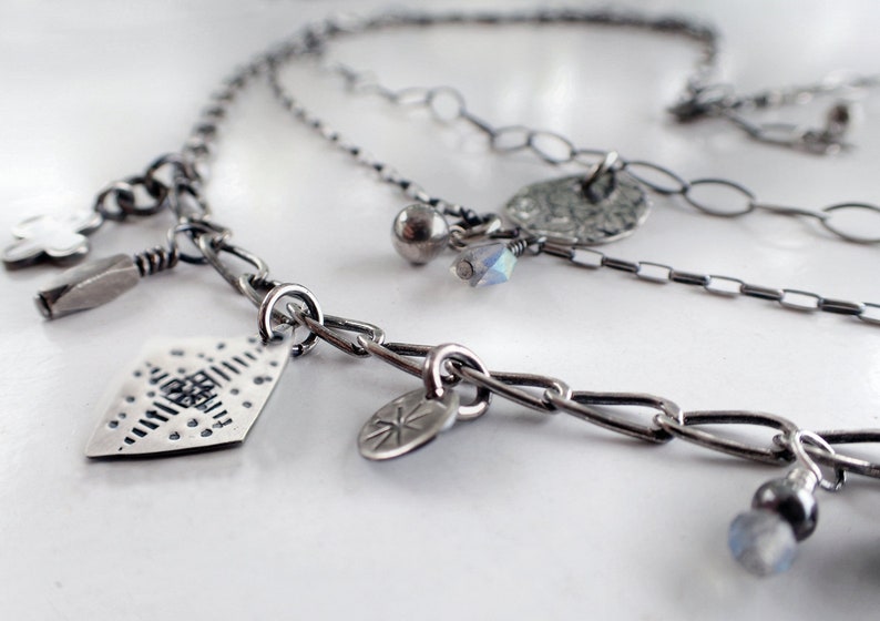 Multiple Charm Layered Necklace, Sterling Silver, Multi-strand ...