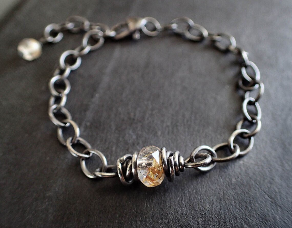 Sterling Silver Chunky Bracelet, Rutilated Quartz, Large Link Chain ...