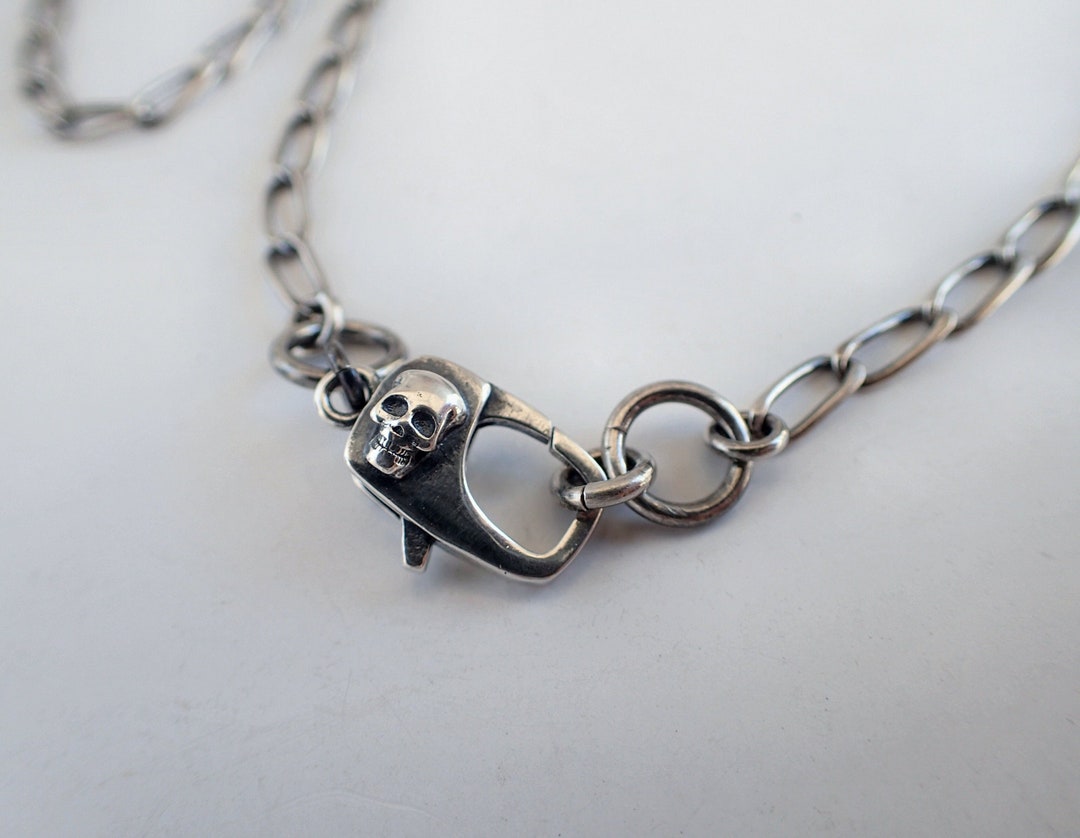 Skull Clasp Sterling Silver Necklace, Chunky, Oxidized, Men, Unisex ...