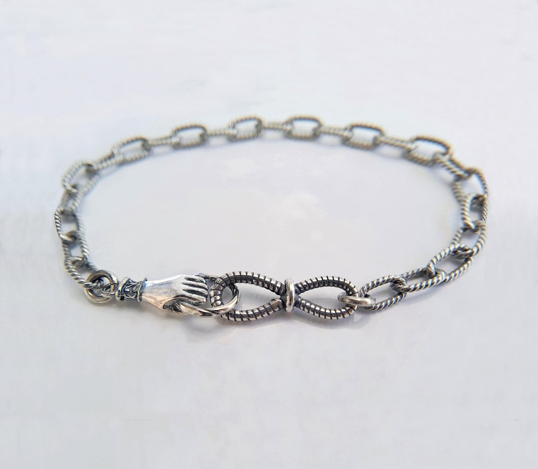 Hand Chunky Sterling Silver Bracelet, Oxidized, Figure 8 Clasp, Unisex ...