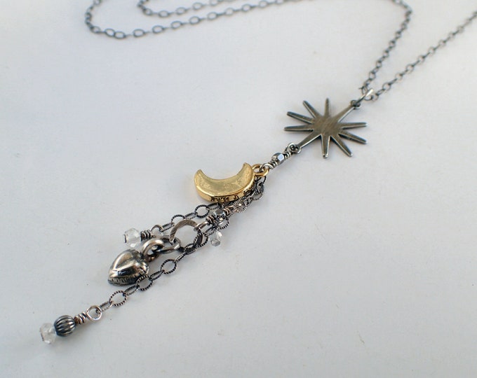 Star Moon Sterling Silver Necklace, Celestial Mixed Metal, Crescent ...