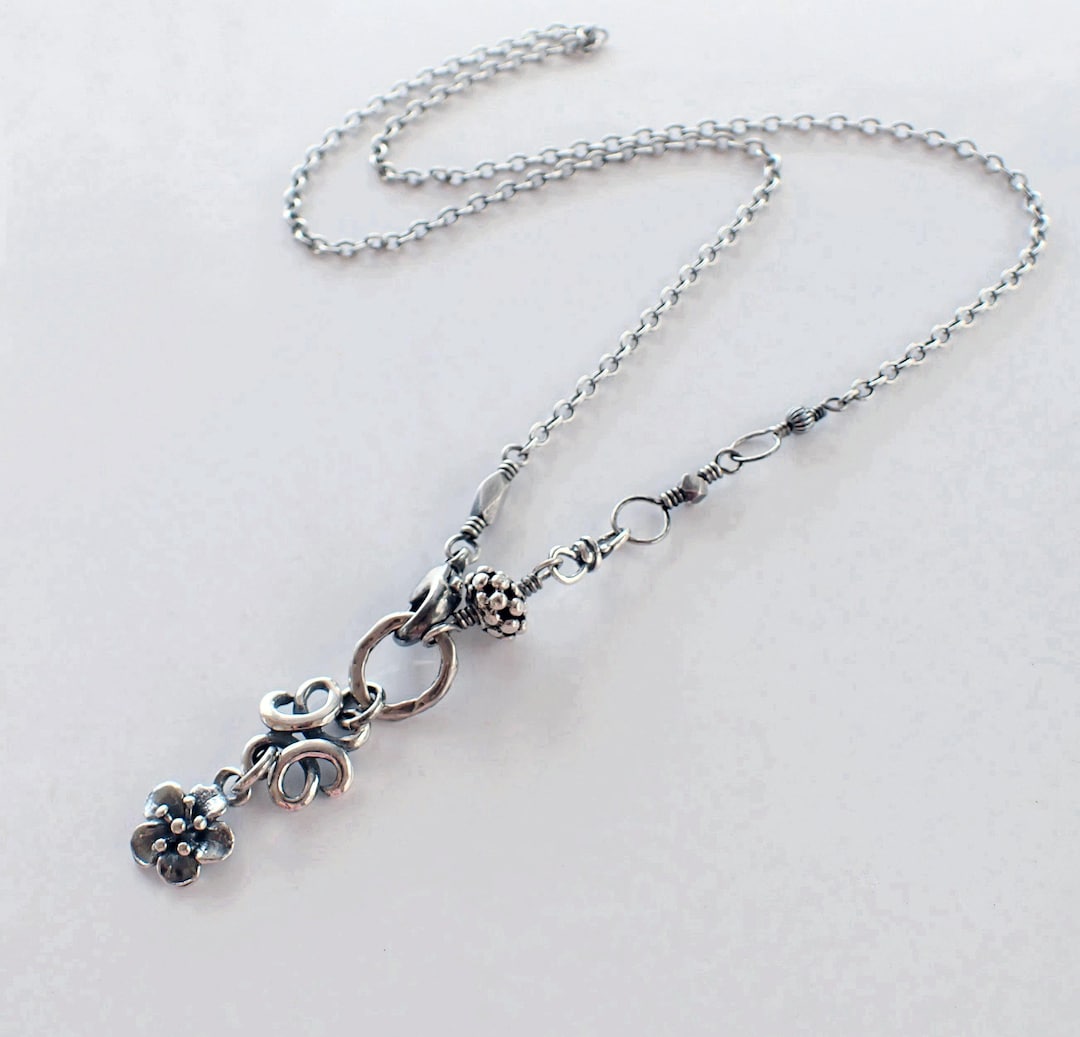 Flower Sterling Silver Lariat Necklace, Oxidized, Front Clasp ...