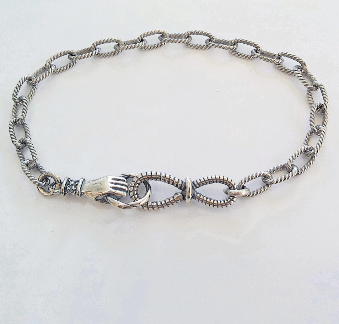 Hand Chunky Sterling Silver Bracelet, Oxidized, Figure 8 Clasp, Unisex ...