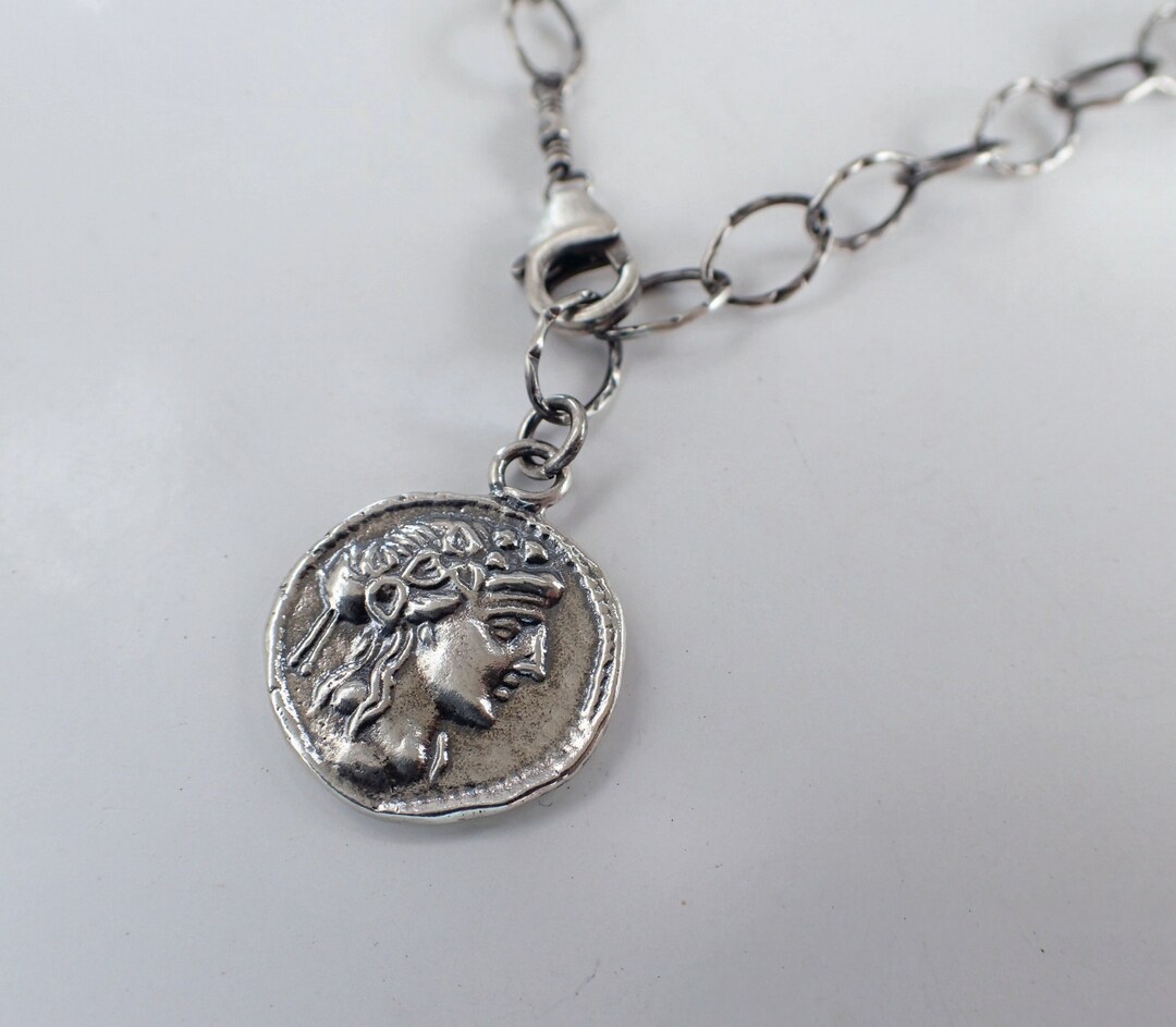 Athena Coin Sterling Silver Necklace, Greek Medallion, Ancient Goddess ...