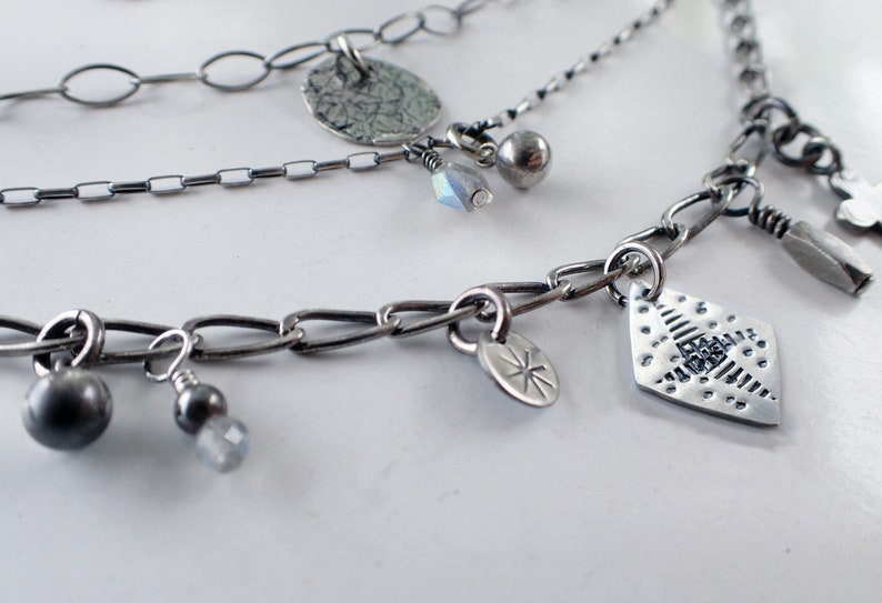 Multiple Charm Layered Necklace, Sterling Silver, Multi-strand ...