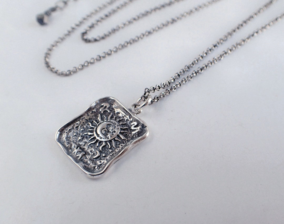 Sun Square Medallion Necklace, Sterling Silver, Celestial, Moon, Rustic ...