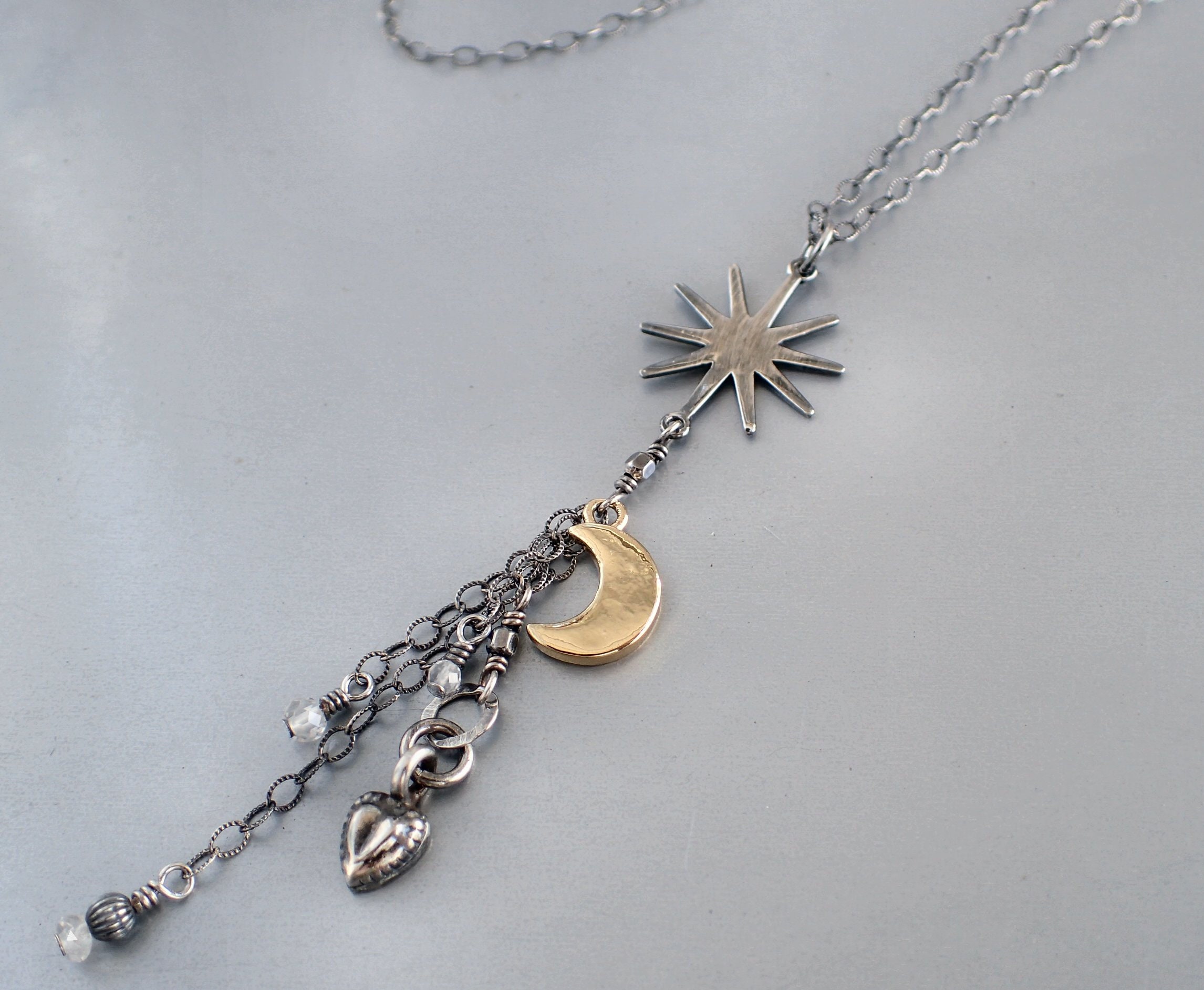 Star Moon Sterling Silver Necklace Celestial Mixed Metal | Etsy