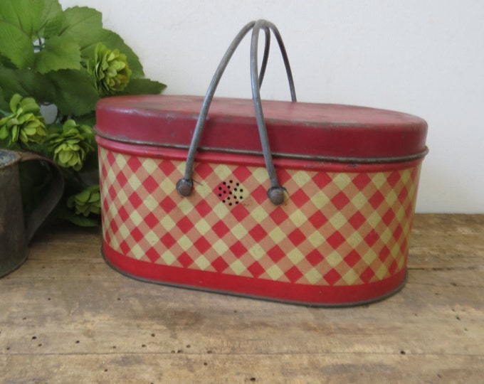 Vintage Tin Basket Lunch Box Pail Kitchen Office Storage Red Plaid ...