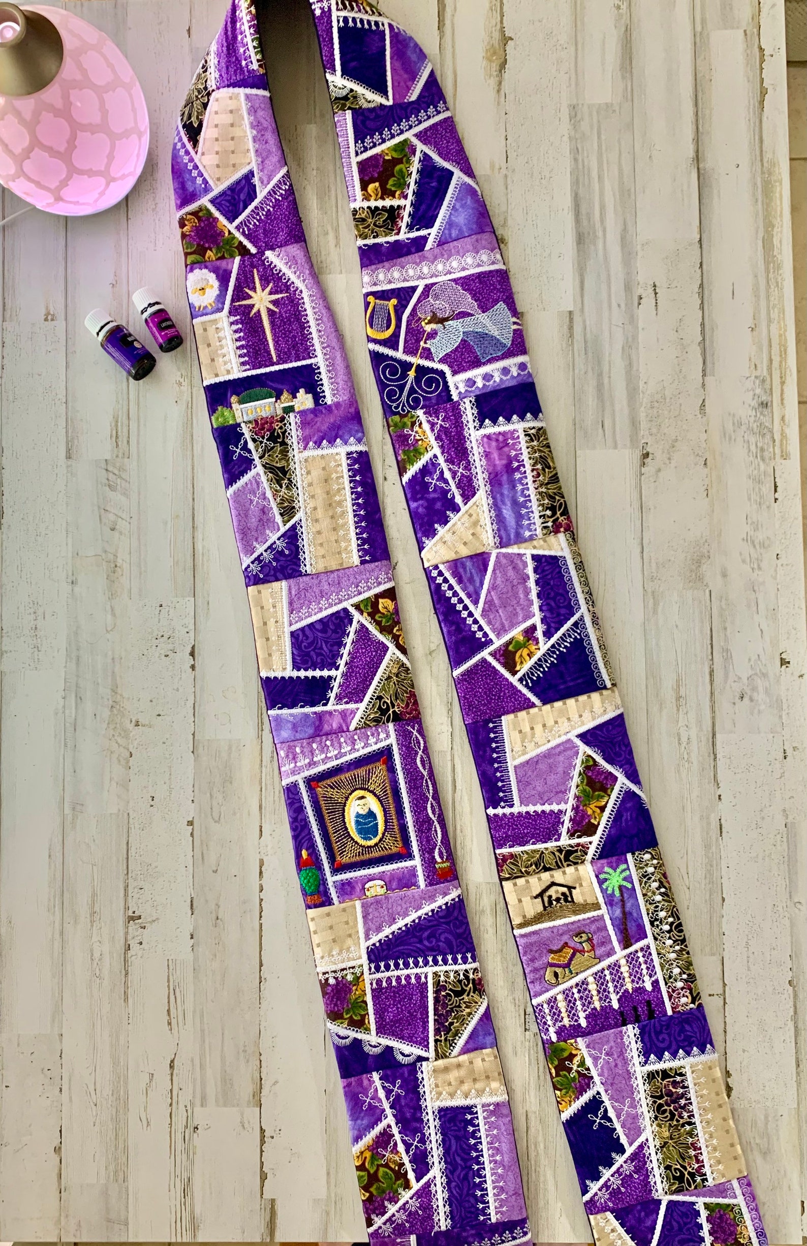 Purple Quilted Stole W/ Angel, Bethlehem Star, Manger & 3 Wise Men for ...