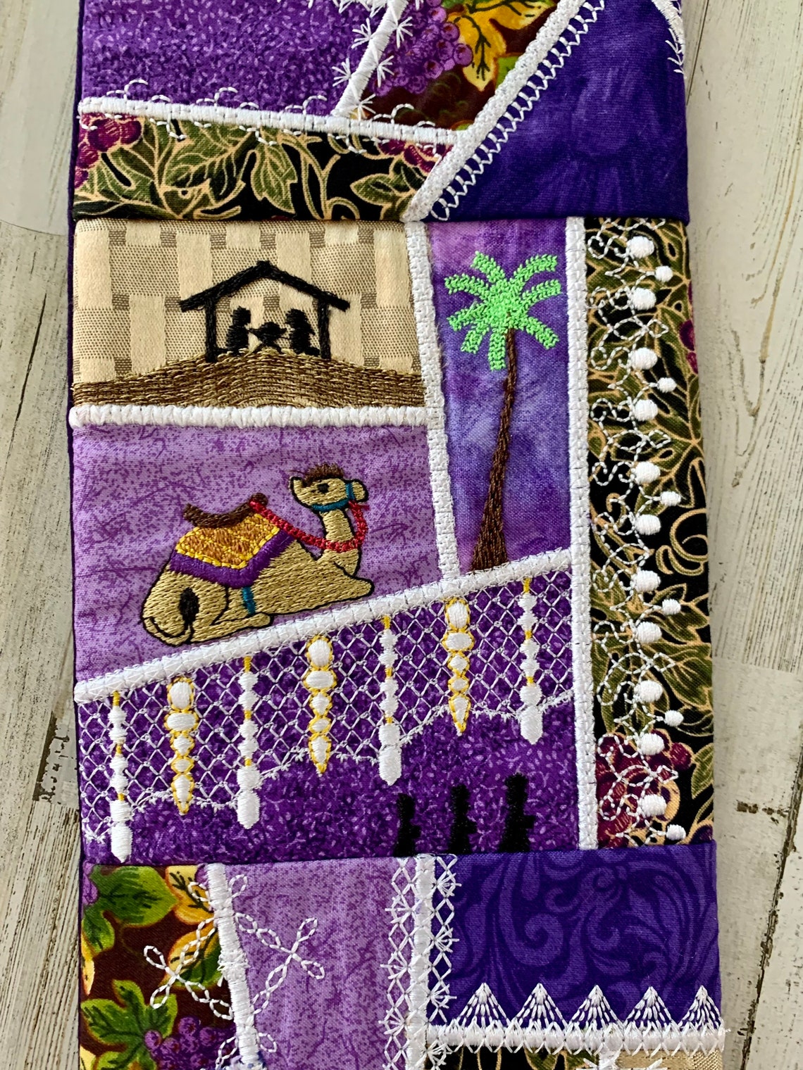 Purple Quilted Stole W/ Angel, Bethlehem Star, Manger & 3 Wise Men for ...