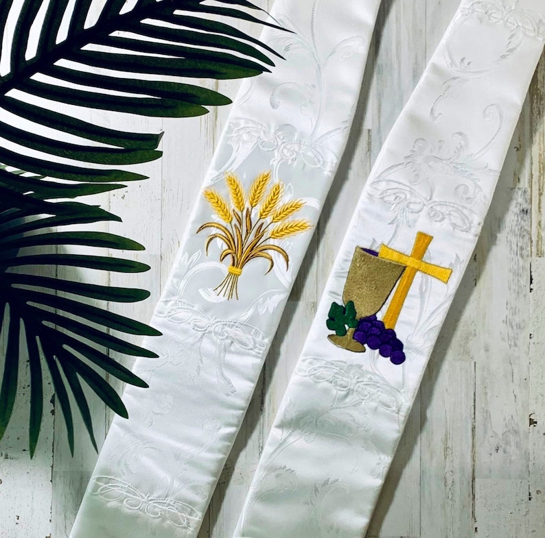 White Baptismal-communion Stole With Cross, Chalice, Grapes & Wheat for ...