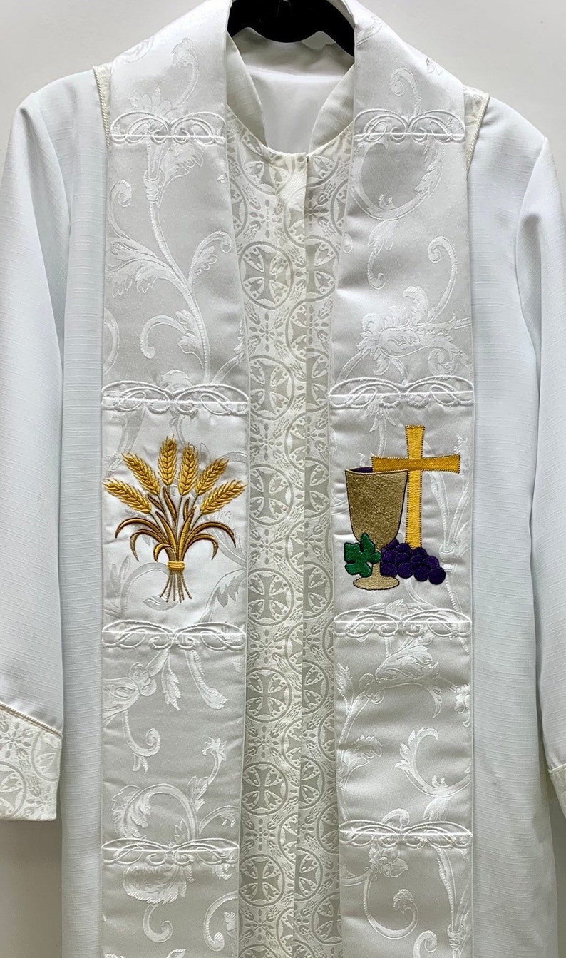 White Baptismal-communion Stole With Cross, Chalice, Grapes & Wheat for ...