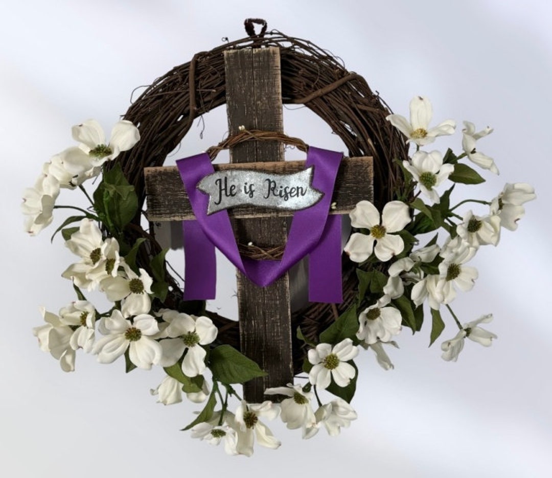 Easter He is Risen Grapevine Wreath With Dogwood and Purple Drape - Etsy