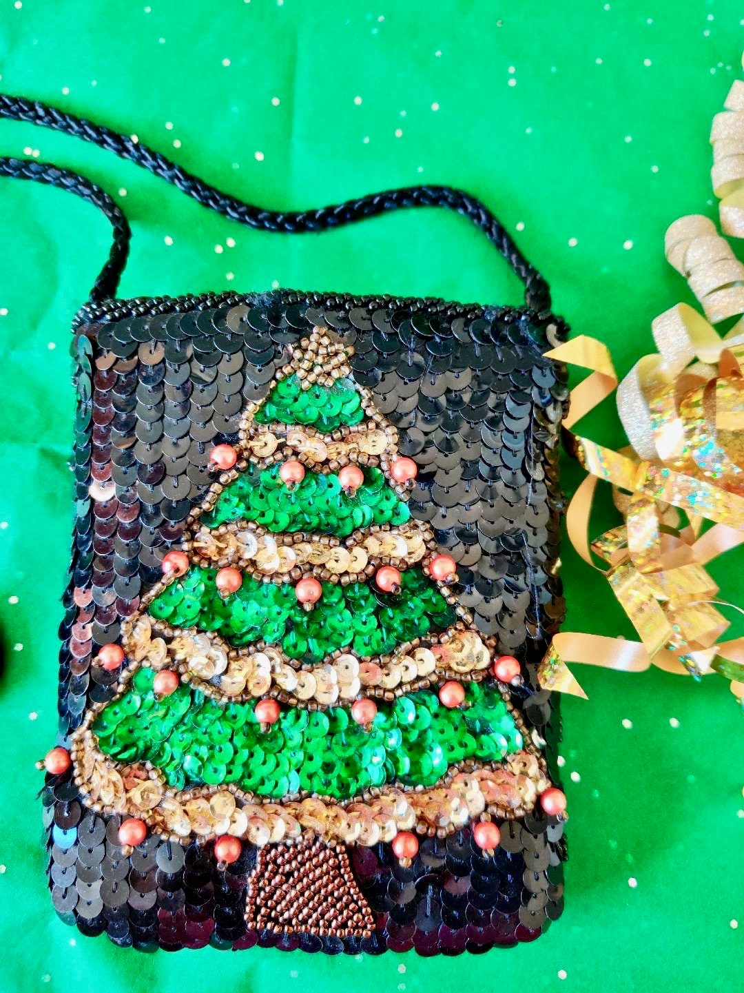 Christmas Tree, Beaded Cross Body Bag, Holiday Purse, Heavily Beaded ...