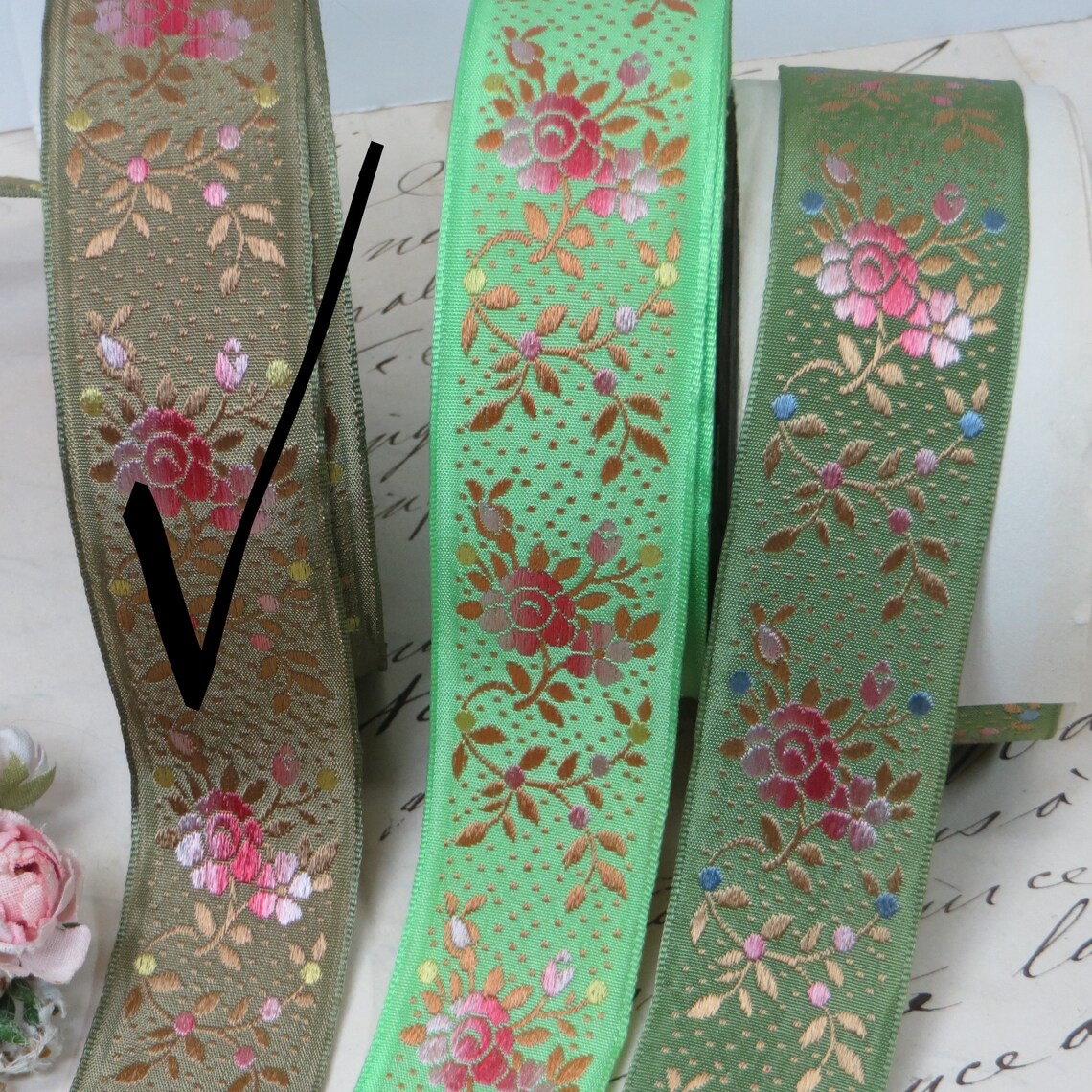 1y French OLIVE GREEN JACQUARD Ribbon Tag: Flower Jacquard - Etsy