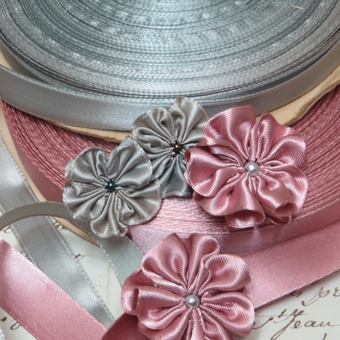 2y PINK & GRAY BLUE Rayon Ribbons 1y of Ea. Tags: French | Etsy