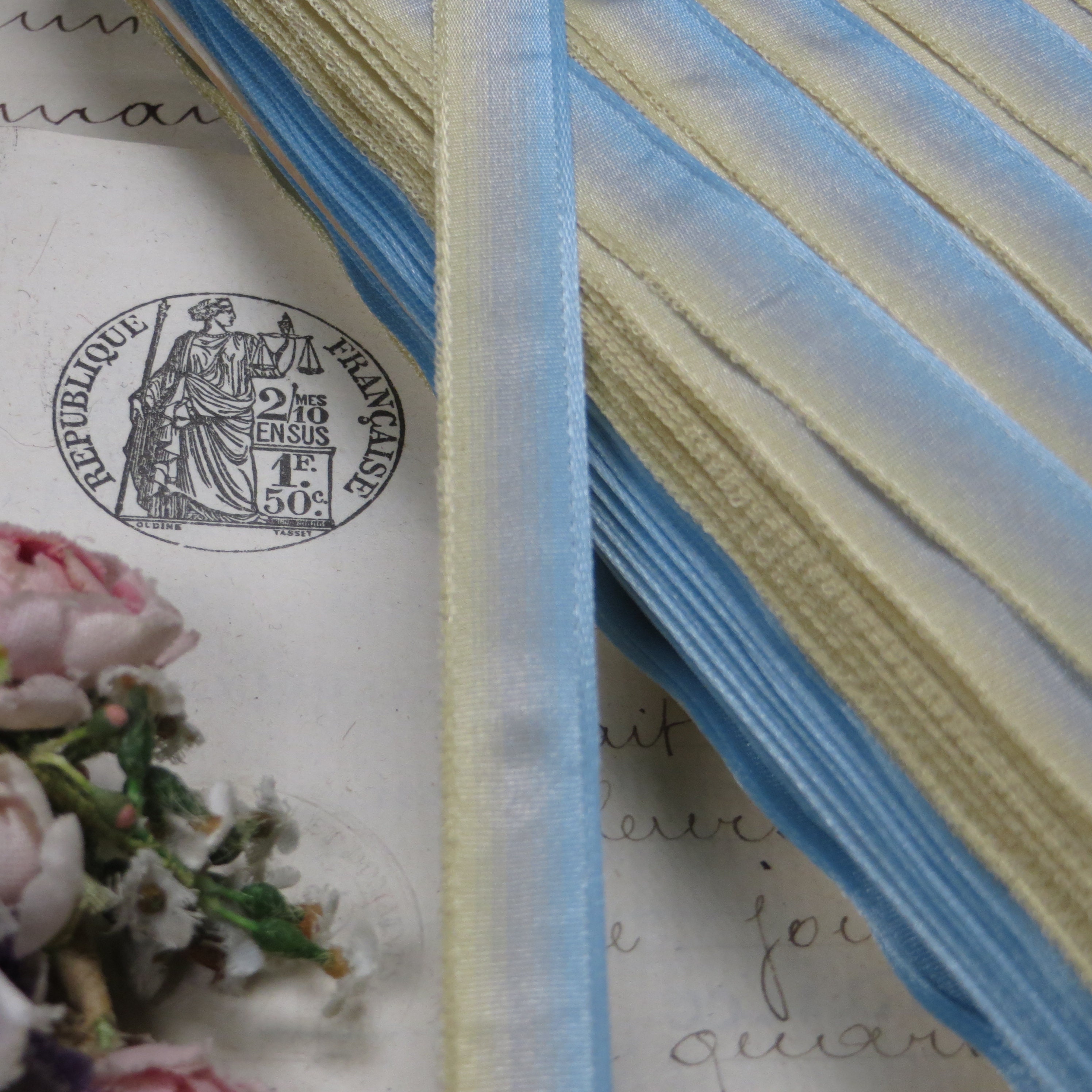 1y BLUE BUTTER YELLOW Ombre Taffeta Ribbon tag: Ribbonwork | Etsy