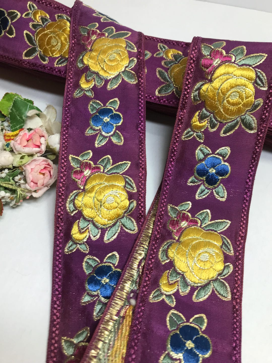 1y FRENCH FLOWER JACQUARD Ribbon Trapunto Trim Red Flower Roses Trim ...