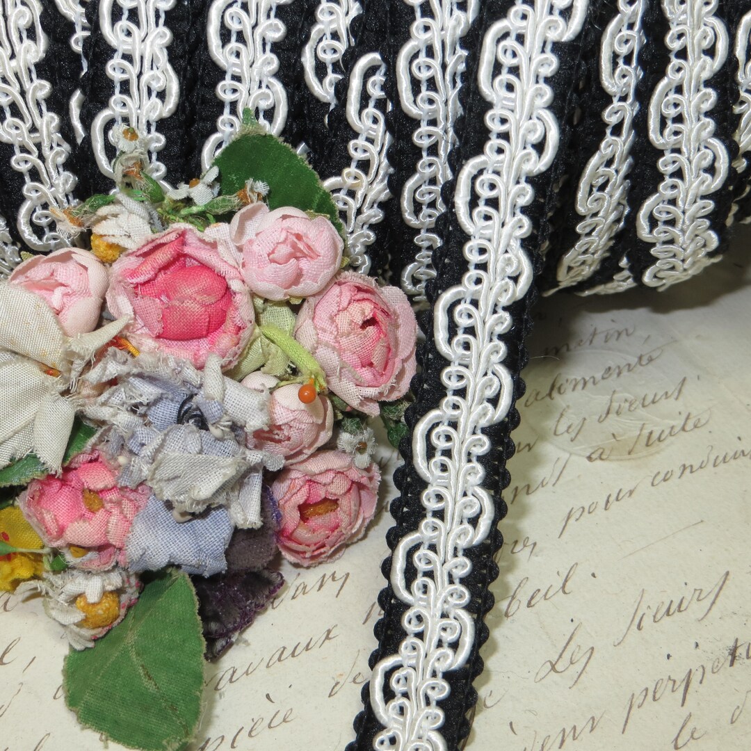 1y BLACK WHITE GIMP 5/8" Vintage Trim Ribbon Pillow Dress Table Cloth ...