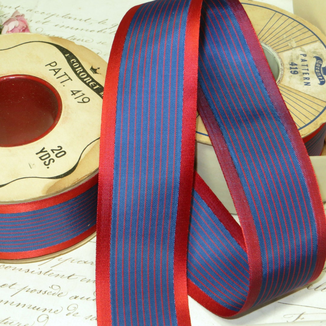 2y Vintage RED BLUE Stripe Ribbon Rayon Floppy Soft Trim Art Ribbonwork ...