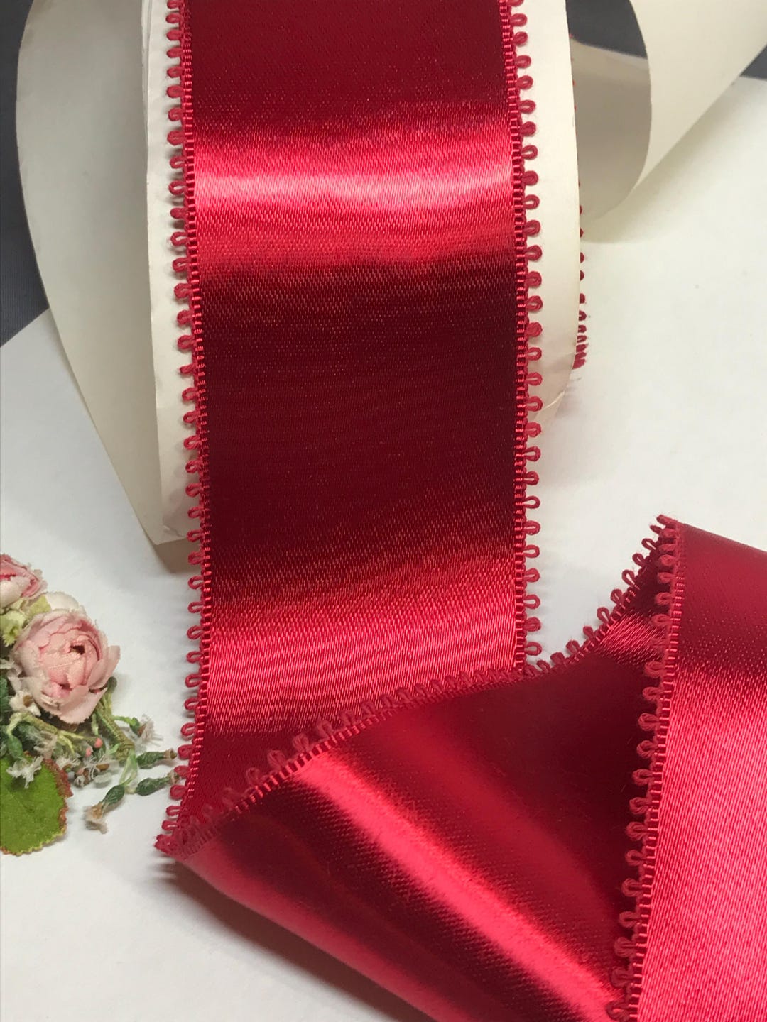 1y 1940 LUX PICOT EDGE Red Satin Ribbon Tags: Rayon Luxury Ribbon ...