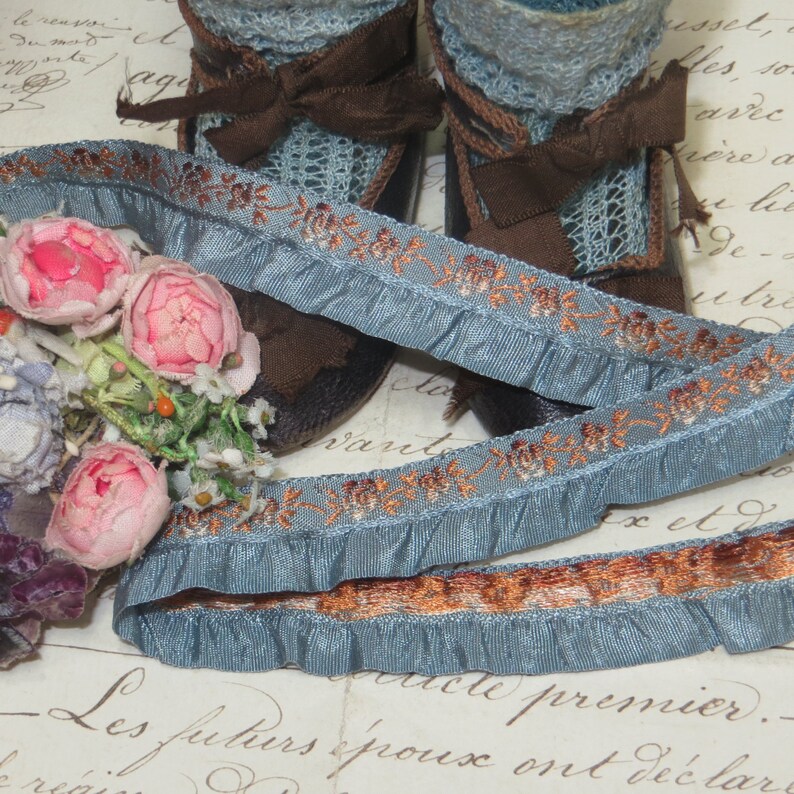 1y FRENCH DUSTY BLUE Brown Ombre Ruffle Jacquard Ribbon Flower | Etsy