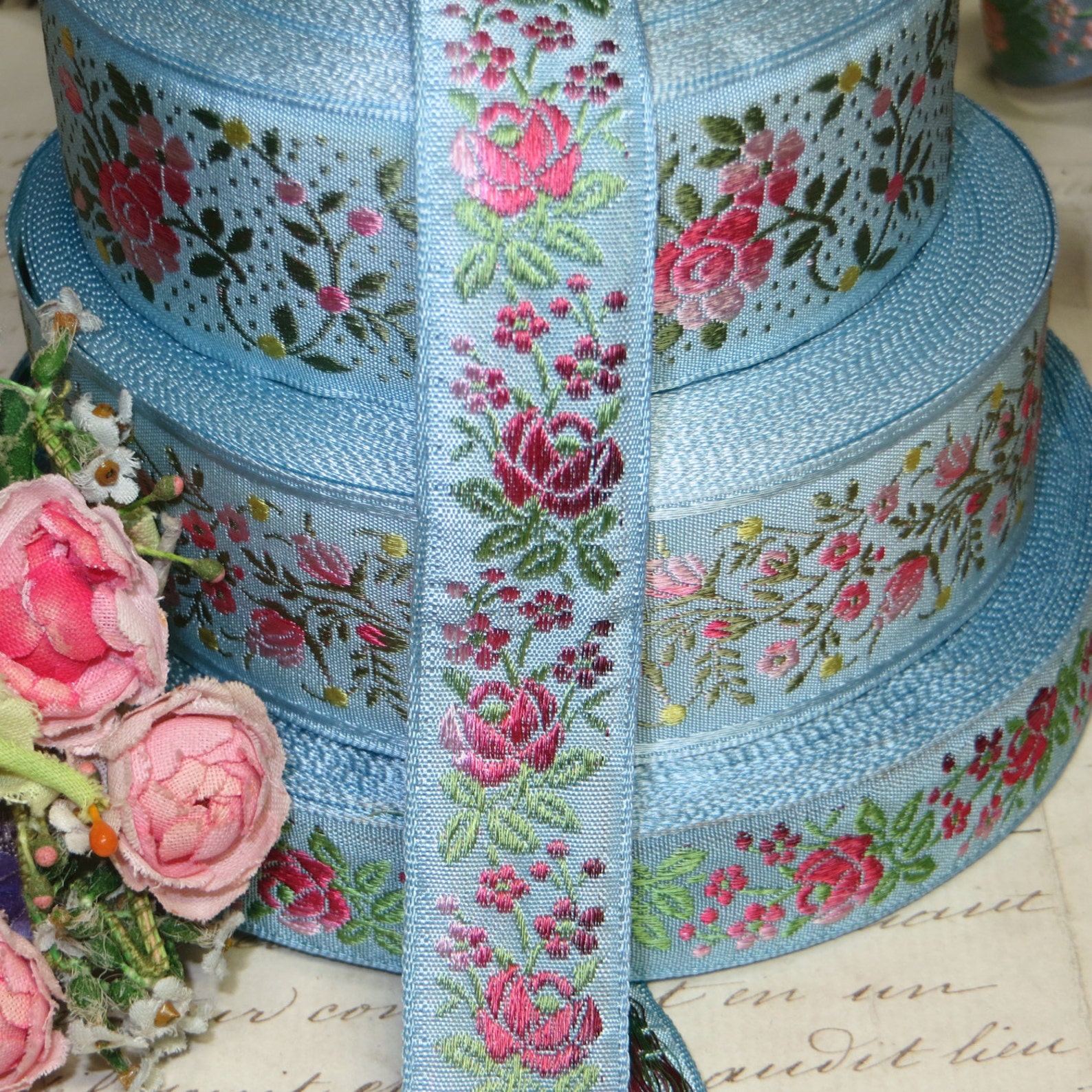 1y BLUE ROSE JACQUARD 3/4 French Vintage Ribbon Woven - Etsy