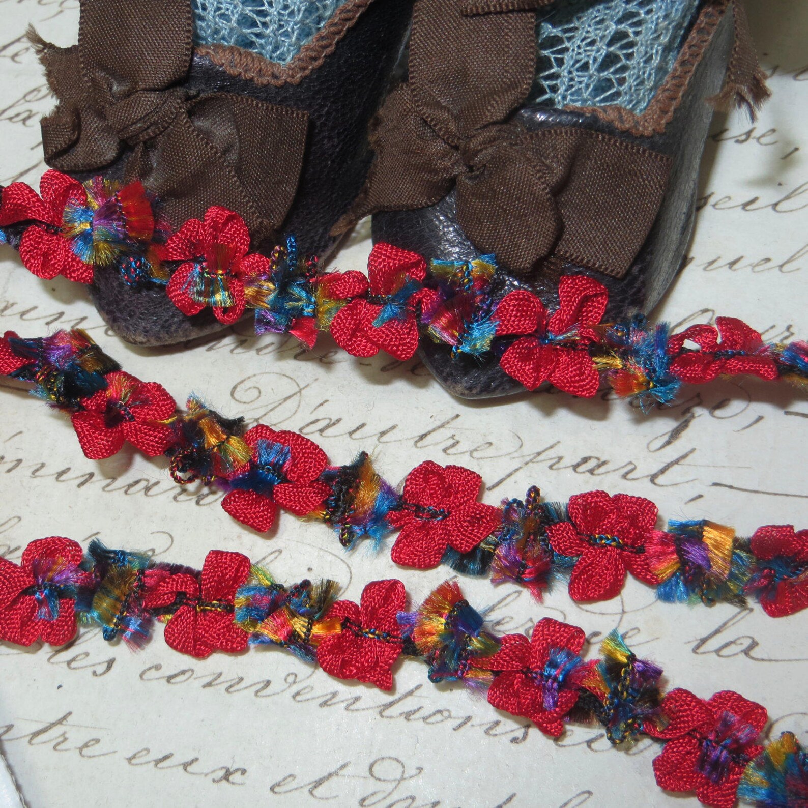 1y 1/2 FRENCH ROCOCO TRIM Fuzzy Bow Burnt Red Blue Daisy | Etsy