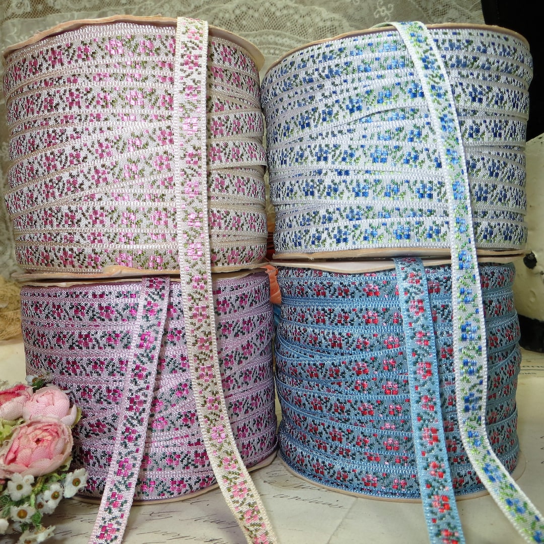 3y FRENCH WHITE BLUE Jacquard Ribbon Tag: 1/4" 5/16" 3/8" Flower Trim ...