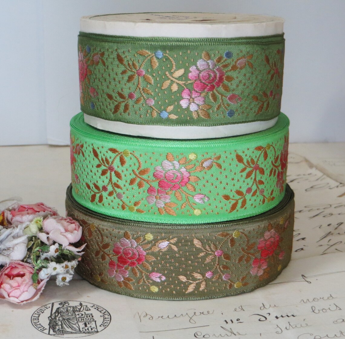1y French OLIVE GREEN JACQUARD Ribbon Tag: Flower Jacquard - Etsy
