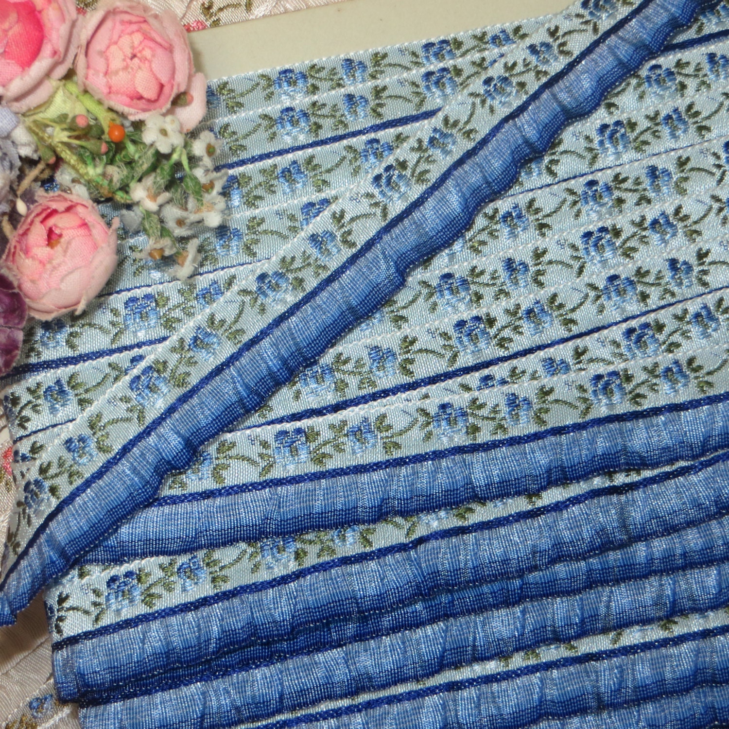 1y FRENCH BLUE OMBRE Ruffle Jacquard Ribbon Tags: French Flower ...