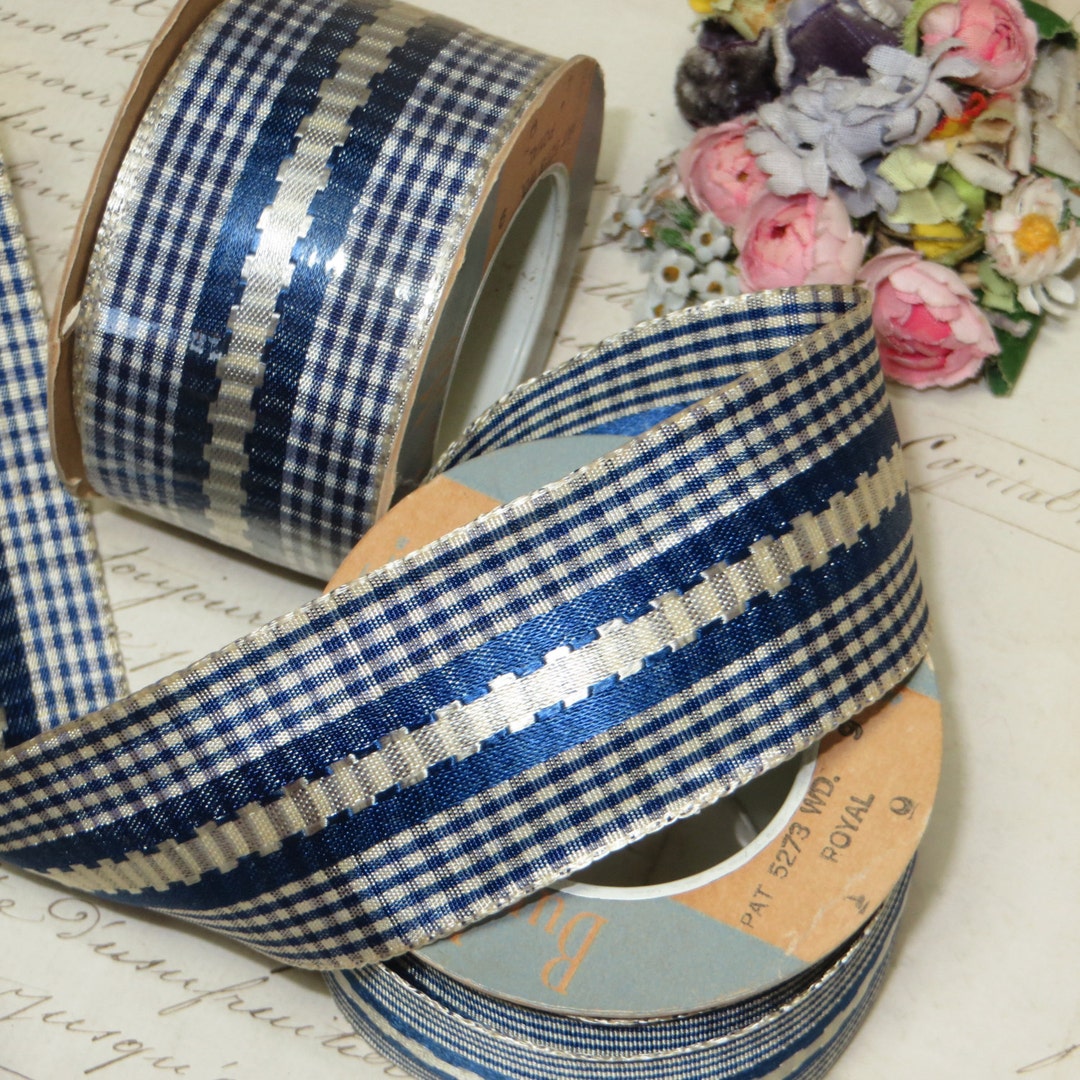 1y NAVY BLUE GINGHAM 1.5" Vintage All Rayon Royal Blue Plaid Ribbon ...