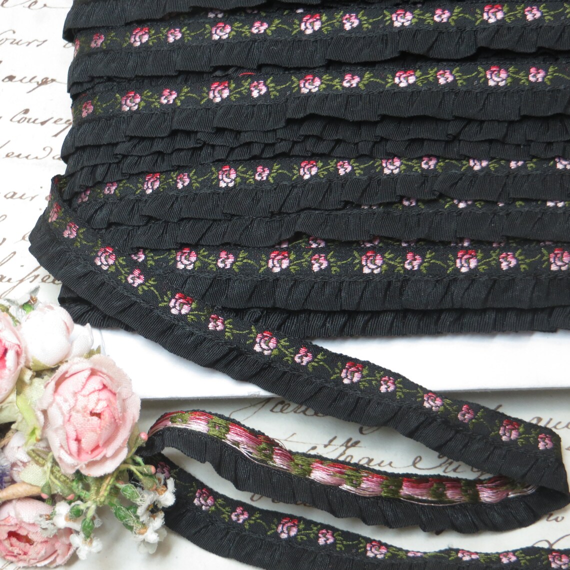 1y FRENCH ROSE JACQUARD Ruffle Trim Ribbon Tag: Rayon Pink Red | Etsy