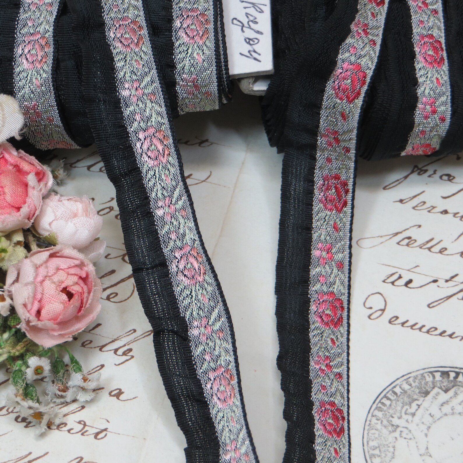 1y FRENCH ROSE JACQUARD Ruffle Trim Ribbon Tag: Rayon Pink Red | Etsy