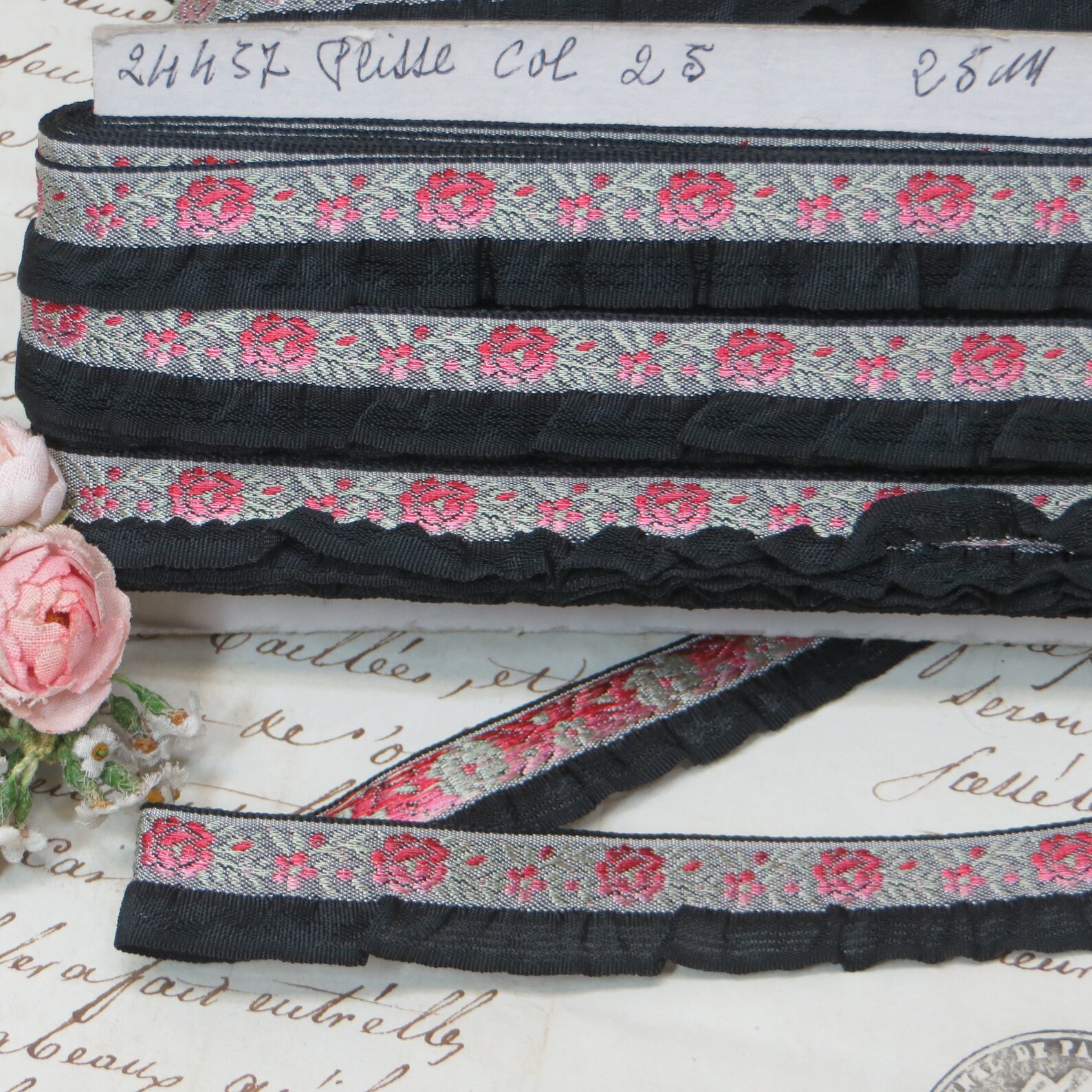 1y FRENCH GRAY PINK Ruffle Jacquard Trim Ribbon Tag: Rayon - Etsy