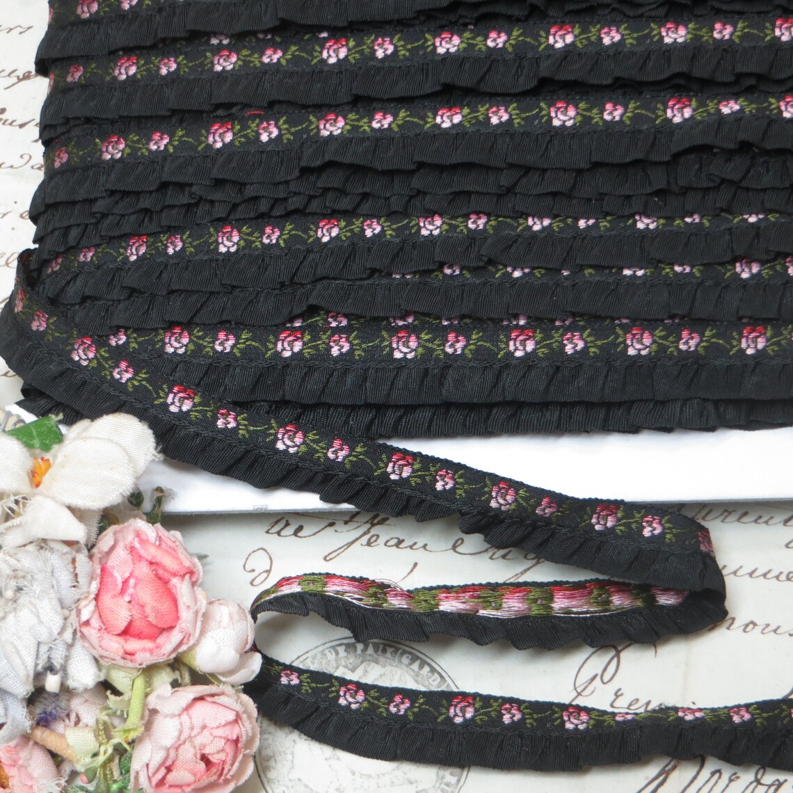 1y FRENCH ROSE JACQUARD Ruffle Trim Ribbon Tag: Rayon Pink Red | Etsy