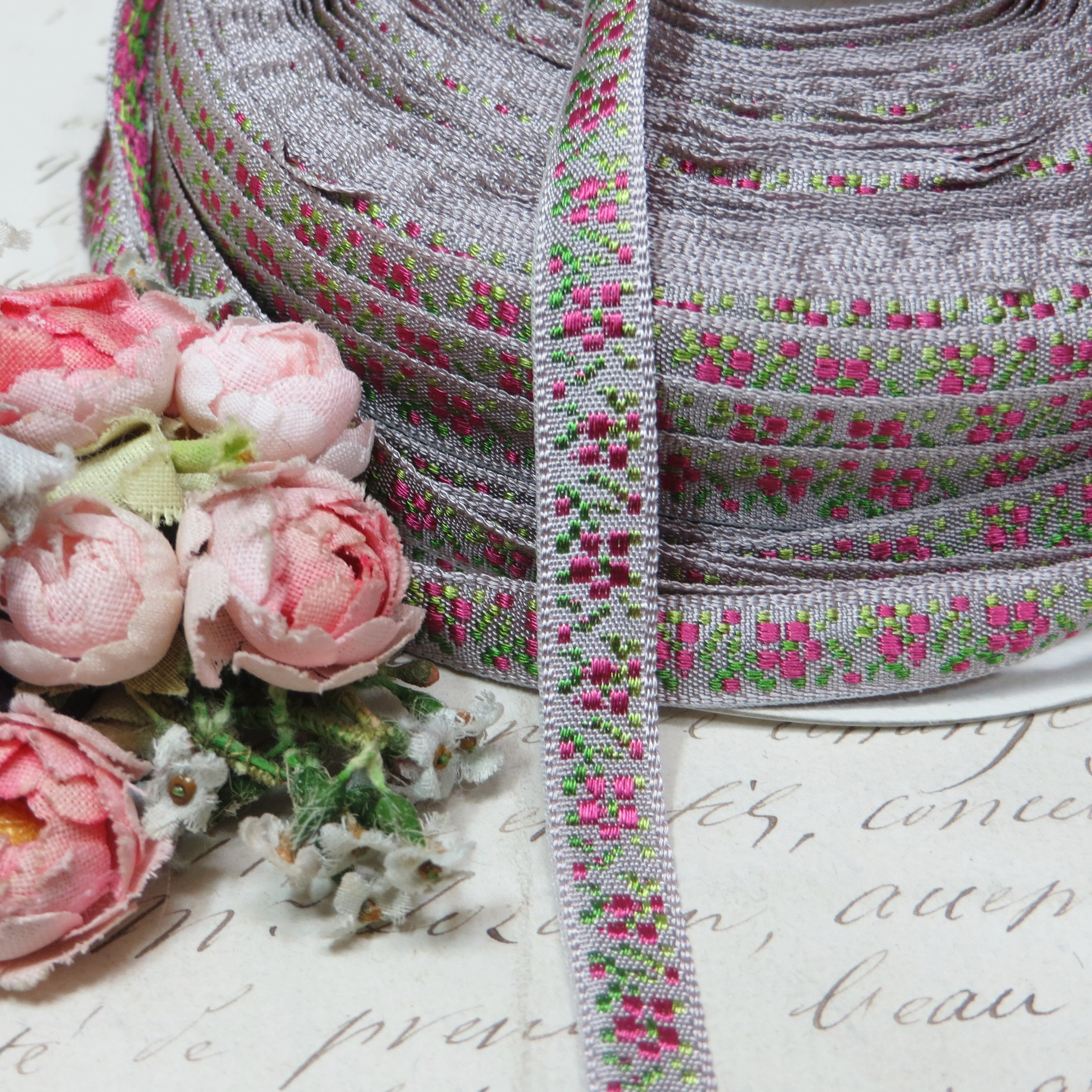 3y GRAY RED ROSE Jacquard Ribbon tag: French Trim Antique Doll | Etsy