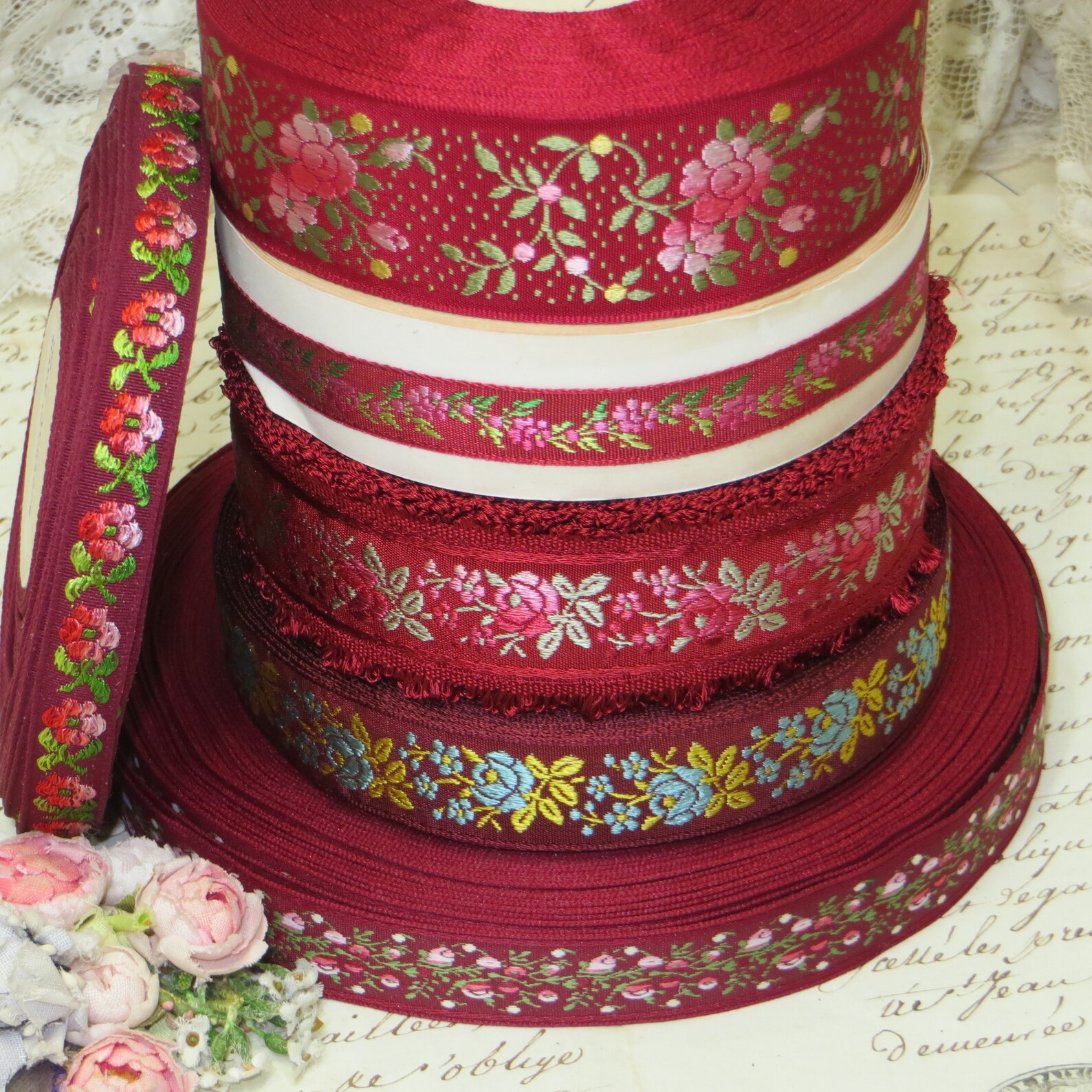 1y PINK BLUE COTTON jacquard Trim Ribbon Tag: Mauve gray Navy | Etsy