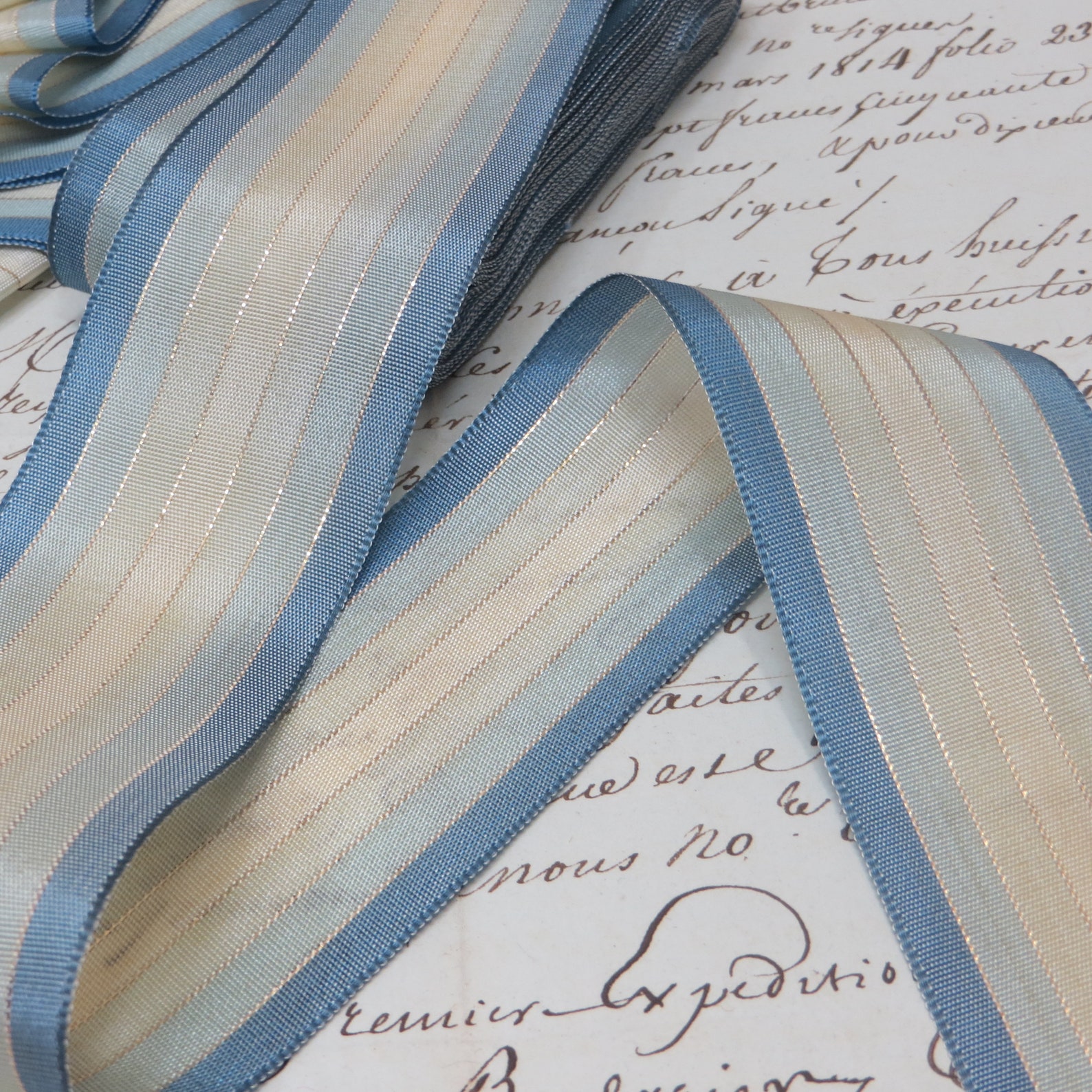 1y BLUE OMBRE GOLD Metallic Rayon Taffeta Ribbon Ribbonwork Flower ...