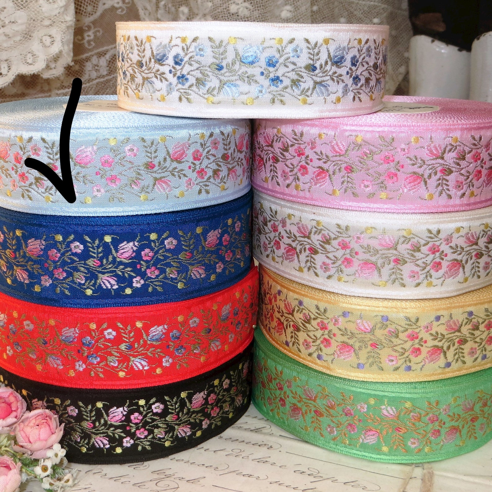 1y BABY BLUE JACQUARD Ribbon French Rose Floral Flower Trim - Etsy