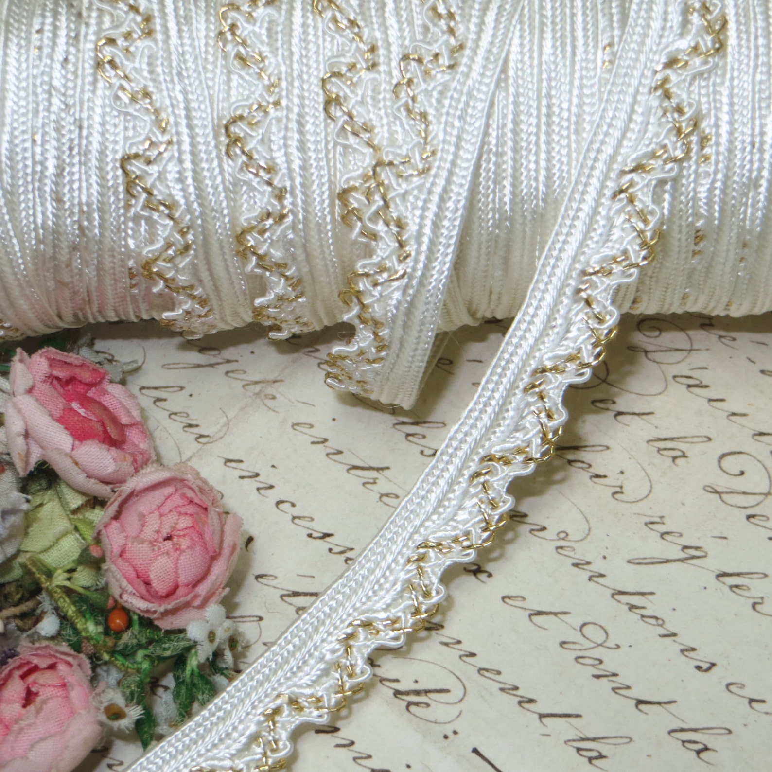 1y 3/4 FRENCH GOLD METAL Ruffle Ribbon White Wedding | Etsy