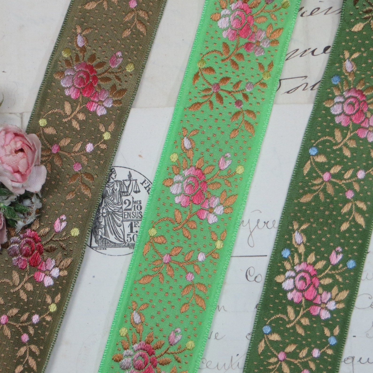 1y French OLIVE GREEN JACQUARD Ribbon Tag: Flower Jacquard - Etsy