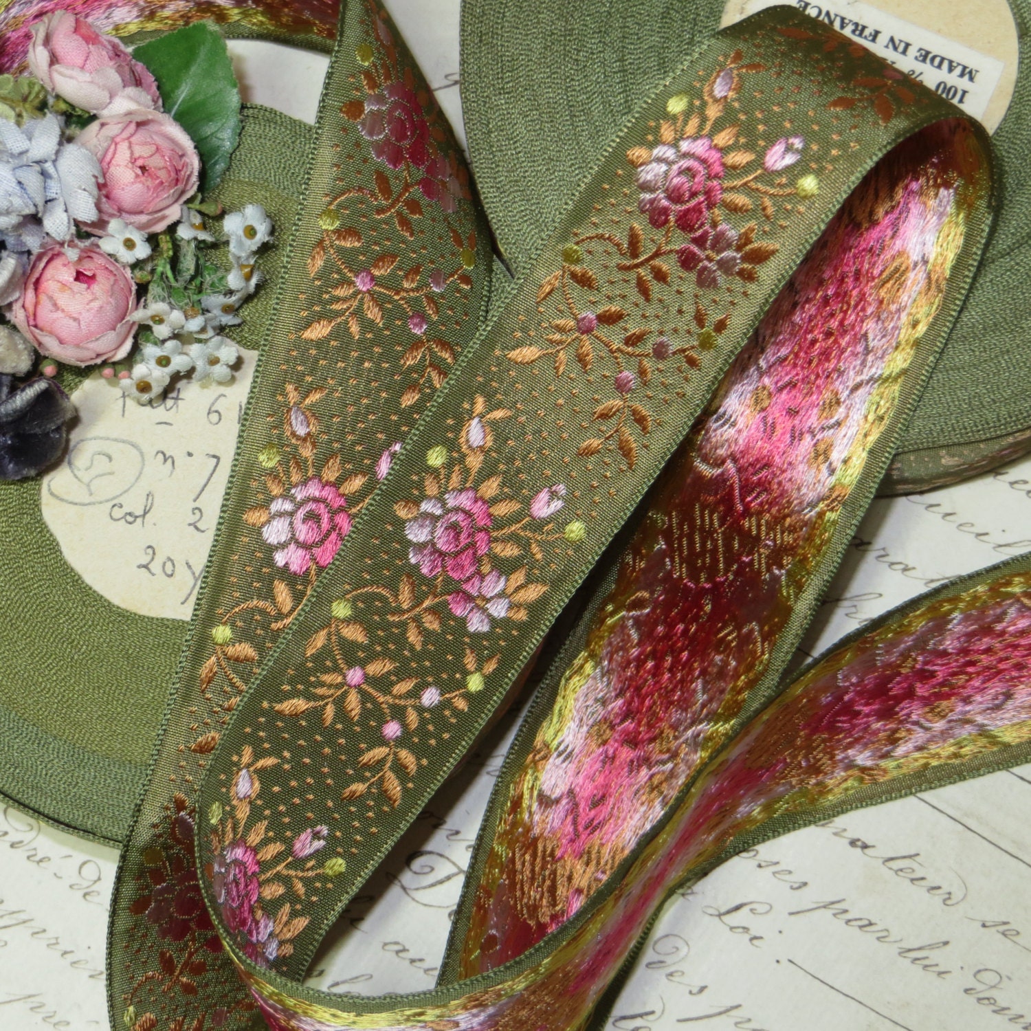 1y French OLIVE GREEN JACQUARD Ribbon Tag: Flower Jacquard | Etsy