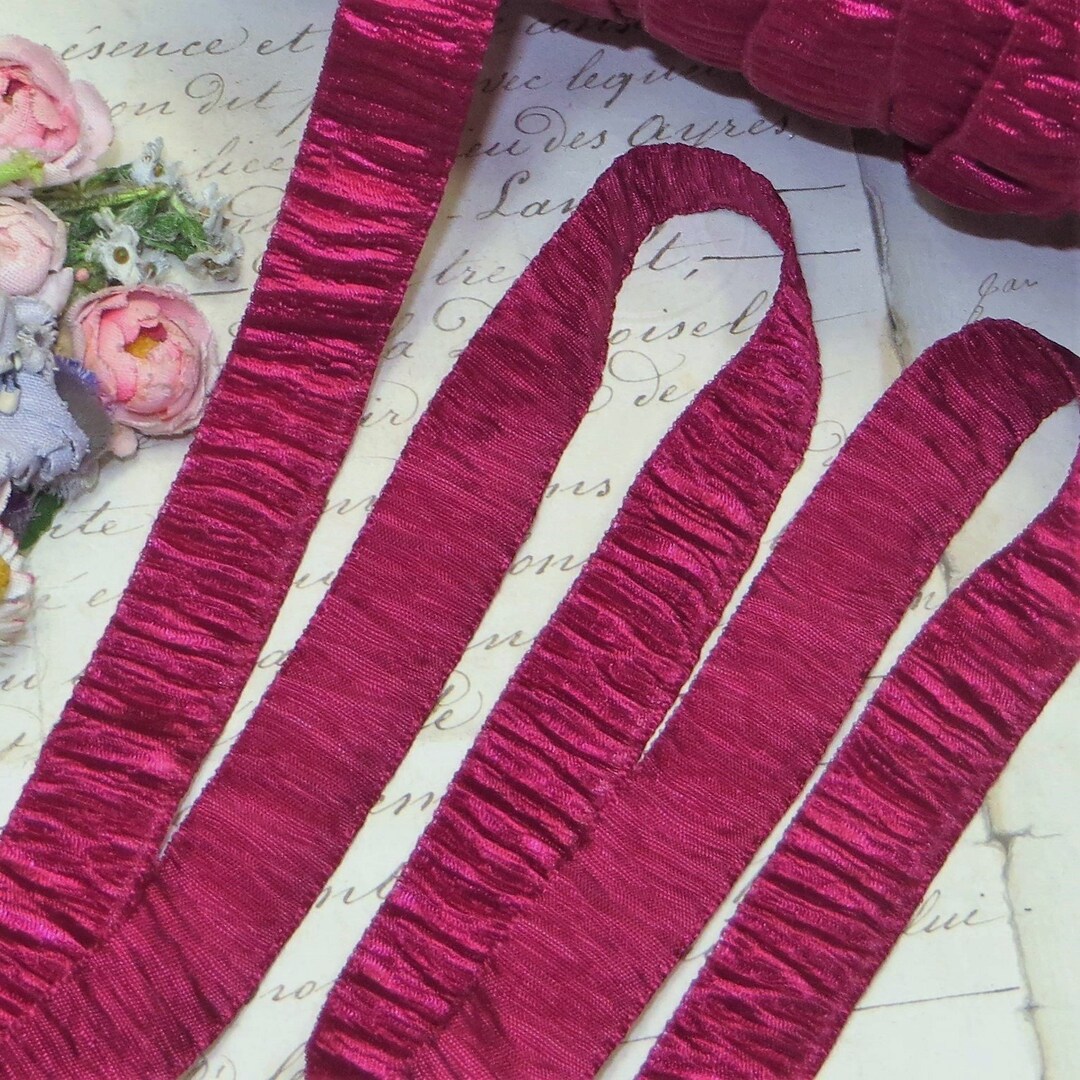 1y FRENCH RUCHED RIBBON Wine Burgundy Cranberry Raspberry Trim Rosette ...