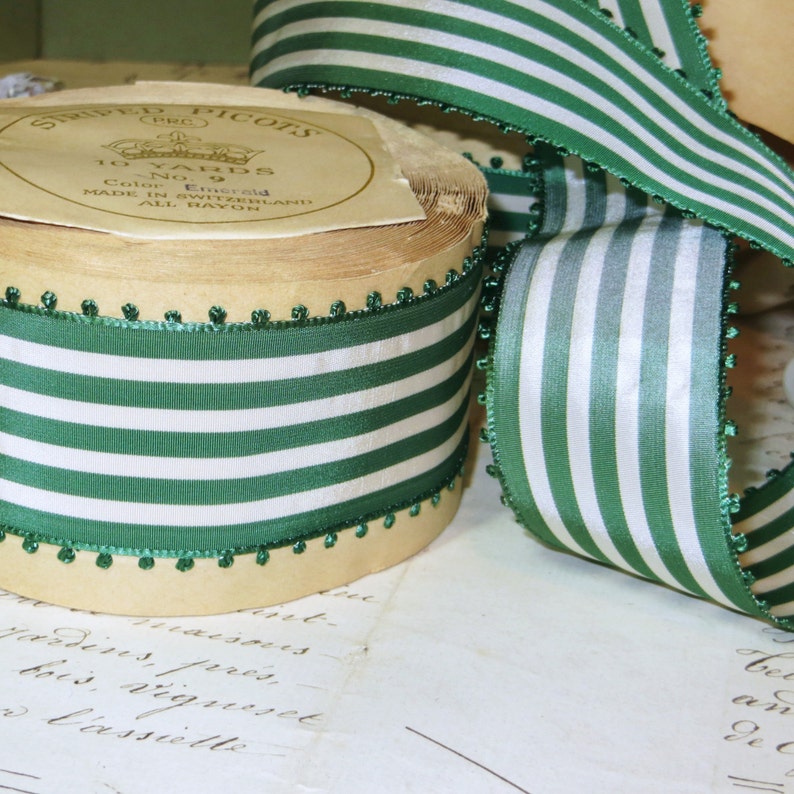 Vintage EMERALD GREEN STRIPE Ribbon Candy Stripe Picot Edge | Etsy