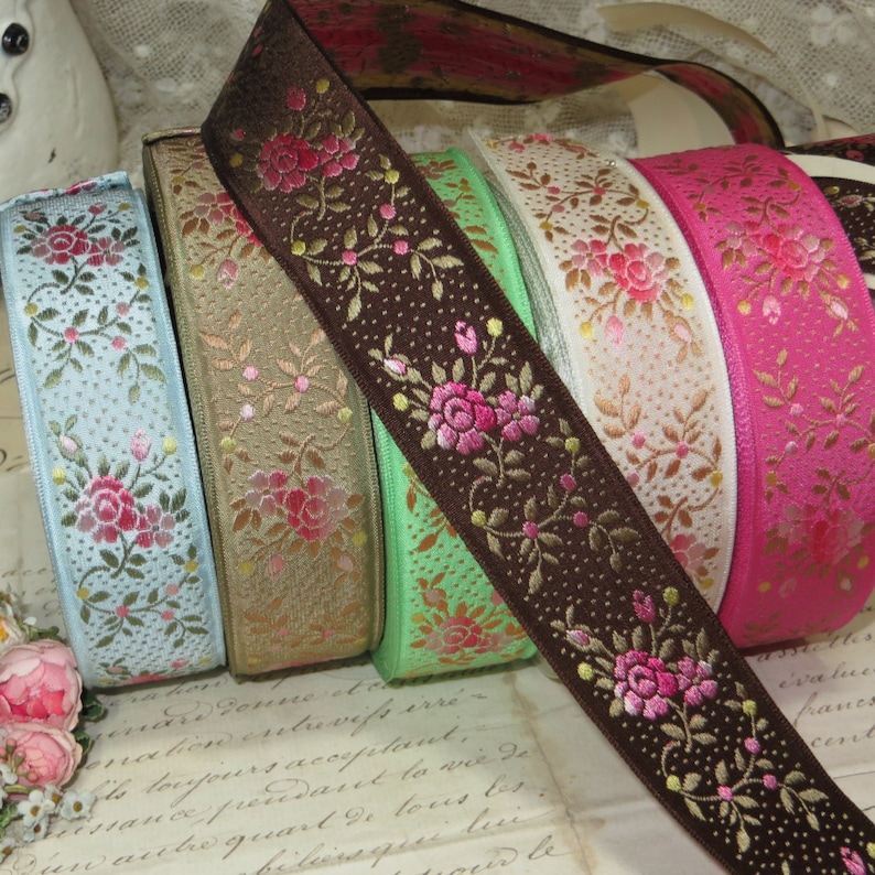 1y FRENCH SILK ROSE Ribbon 5/8 Trim Roses Jacquard | Etsy