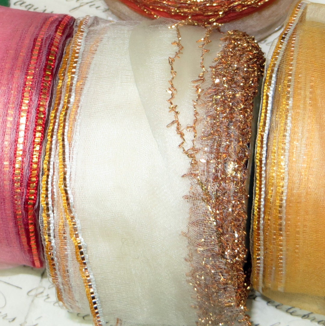 4y FRENCH ORGANZA OMBRE White Ribbon Gold Metal Lettuce Edge Ribbonwork ...